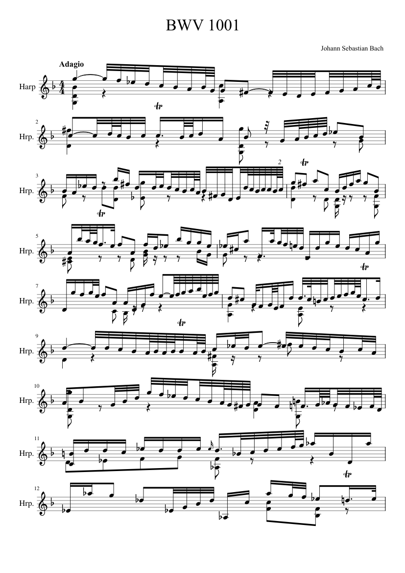 BWV 1001 Violin Sonata No.1 in G minor Sheet Music for Harp (Solo ...