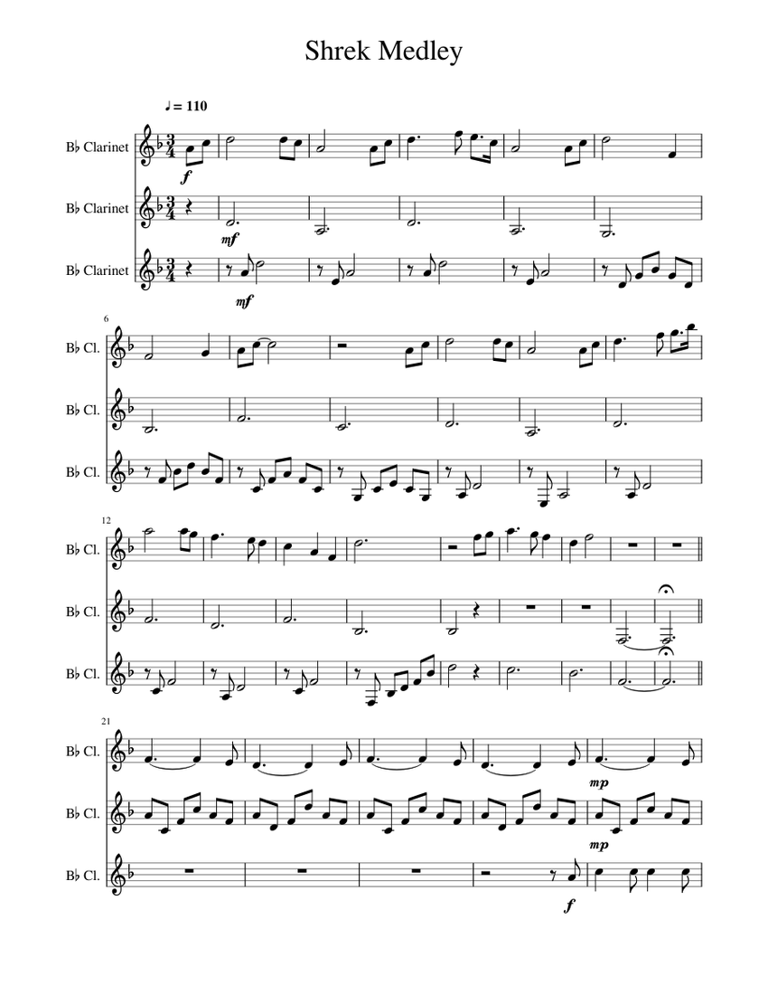 Shrek Medley Sheet music for Clarinet in b-flat (Mixed Trio) | Download ...