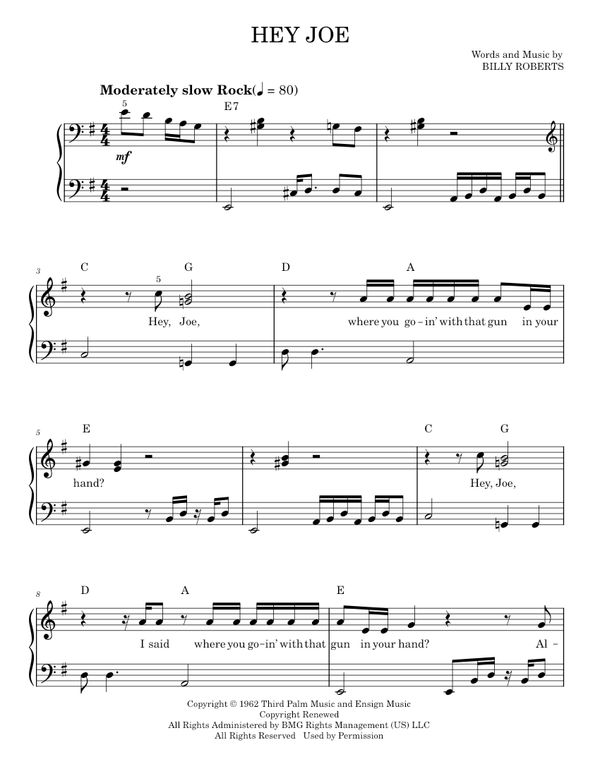 hey joe Sheet music for Piano by Jimi Hendrix: Music Notes by MuseScore