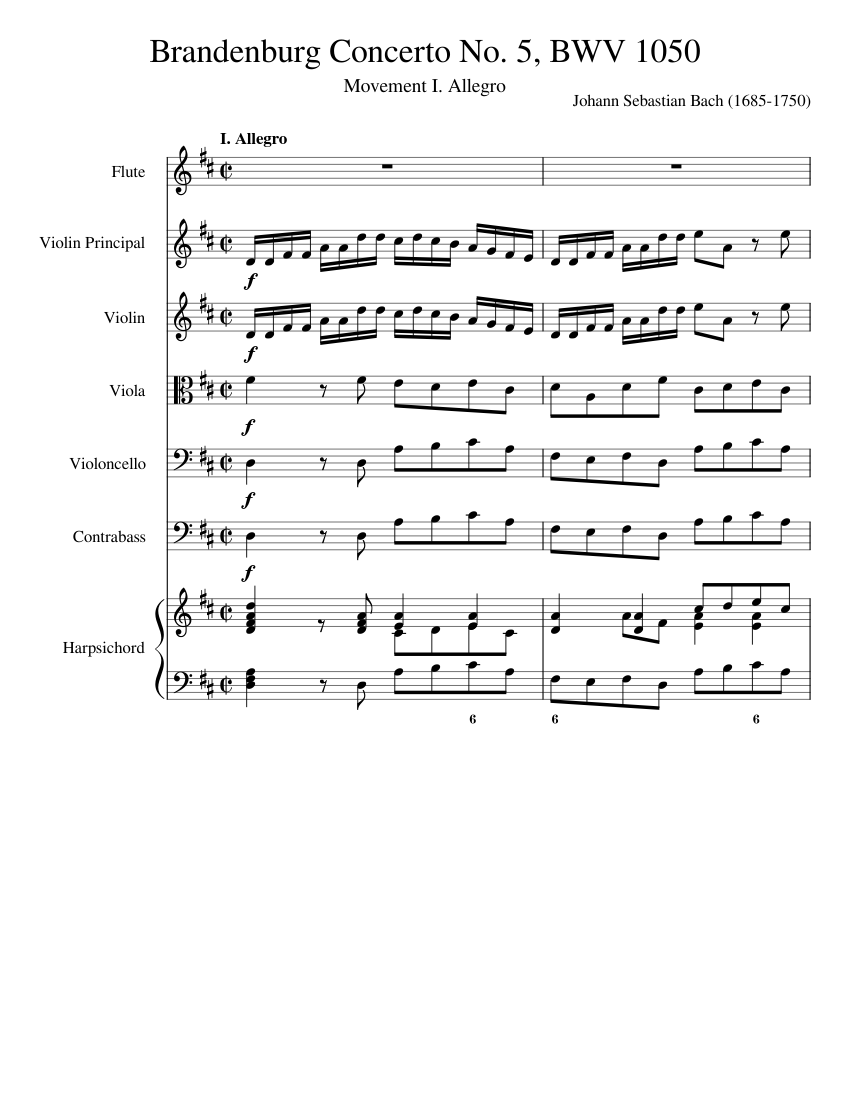 Brandenburg Concerto No. 5, BWV 1050, Allegro Sheet music for ...