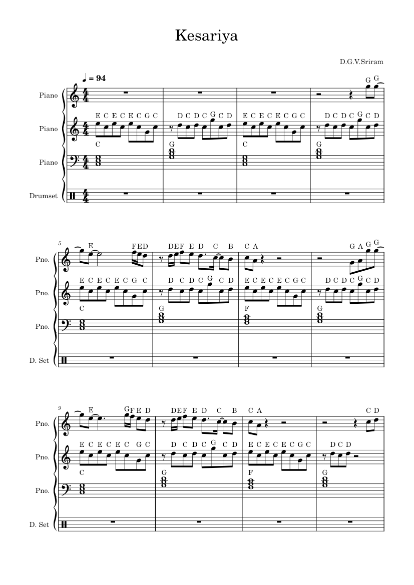 Kesariya – Sriramdadi Sheet Music with Chords for Piano, Drum group ...