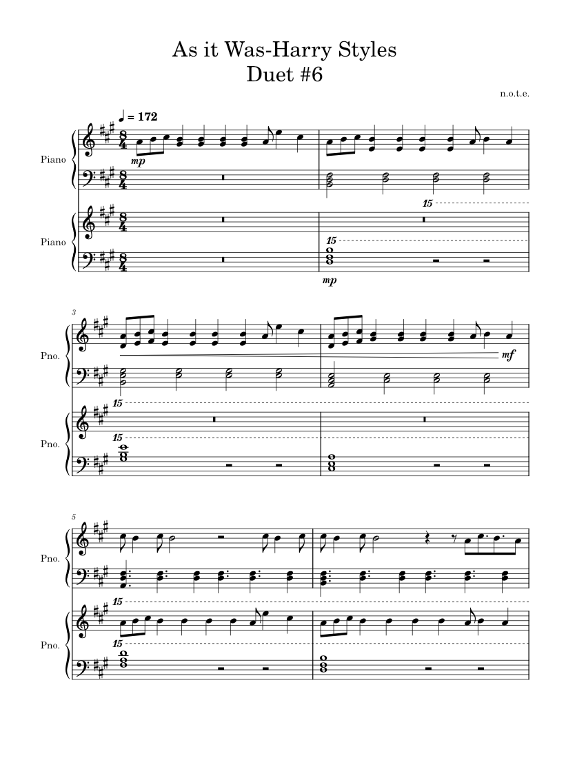 As It Was – Harry Styles as it was Sheet music for Piano (Piano Four ...