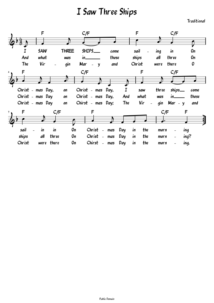 I Saw Three Ships (Lead sheet with lyrics ) Sheet music for Piano (Solo ...