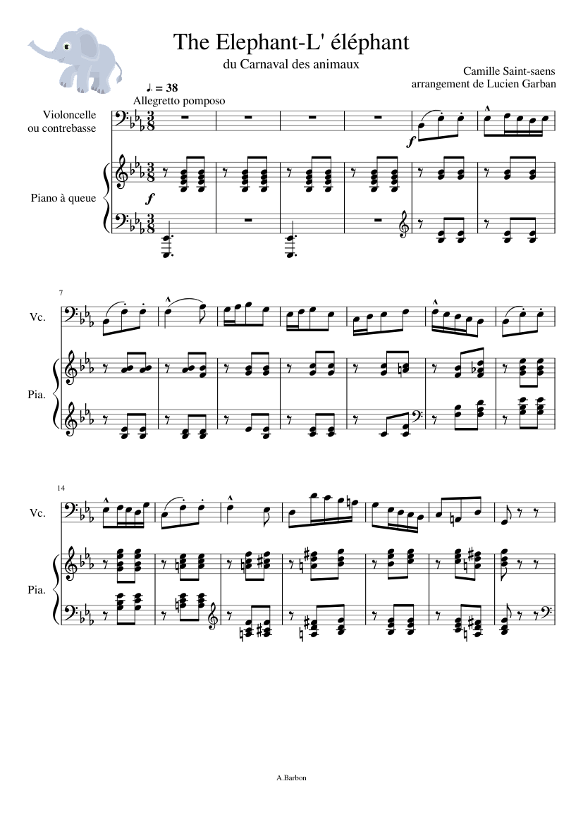 The Elephant L'éléphant Camille Saint Saens Sheet Music for Piano ...