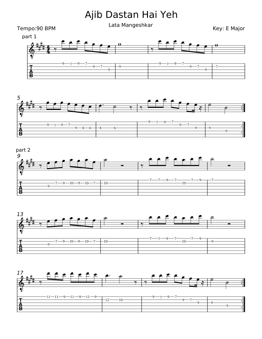 Ajeeb Dastan Hai Yeh - Lata Mangeshkar Sheet music for Guitar (Mixed ...