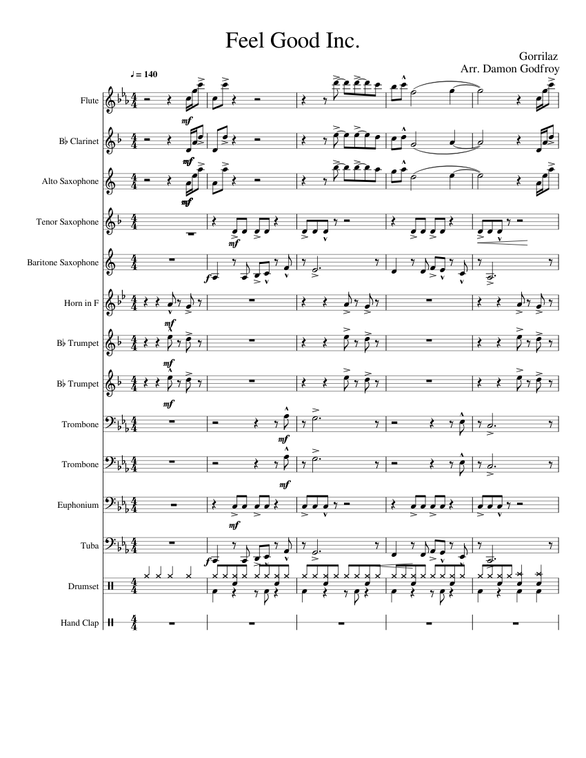 Feel Good Inc. Pep Band Sheet Music for Trombone, Euphonium, Tuba ...