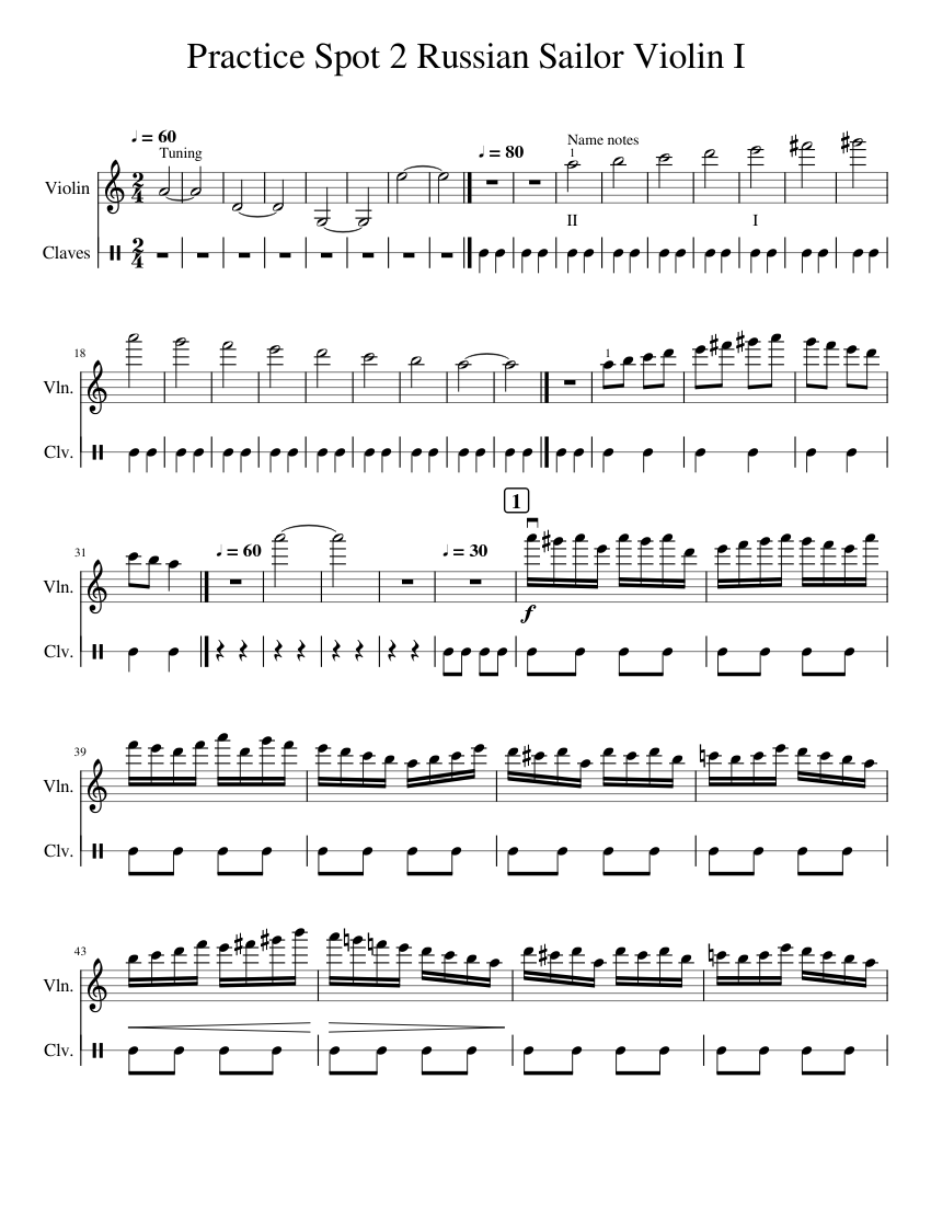 Practice spot 2 Russian Sailor Violin I Sheet music for Violin, Claves ...