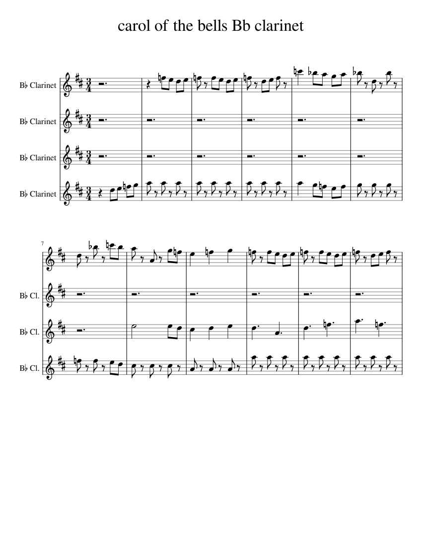 carol of the bells Bb clarinet Sheet music for Clarinet in b-flat ...