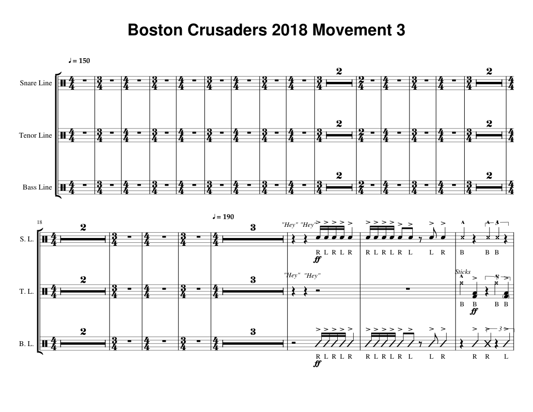 Boston Crusaders 2018 Movement 3 Sheet music for Snare drum, Tenor drum ...