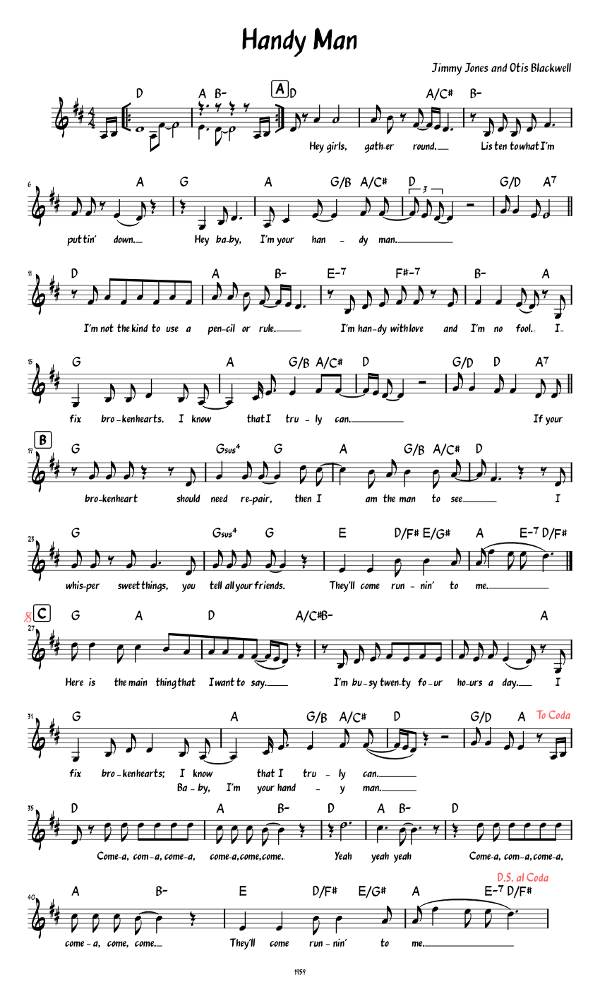 Handy Man (Lead sheet with lyrics ) Sheet Music with Chords for Piano ...