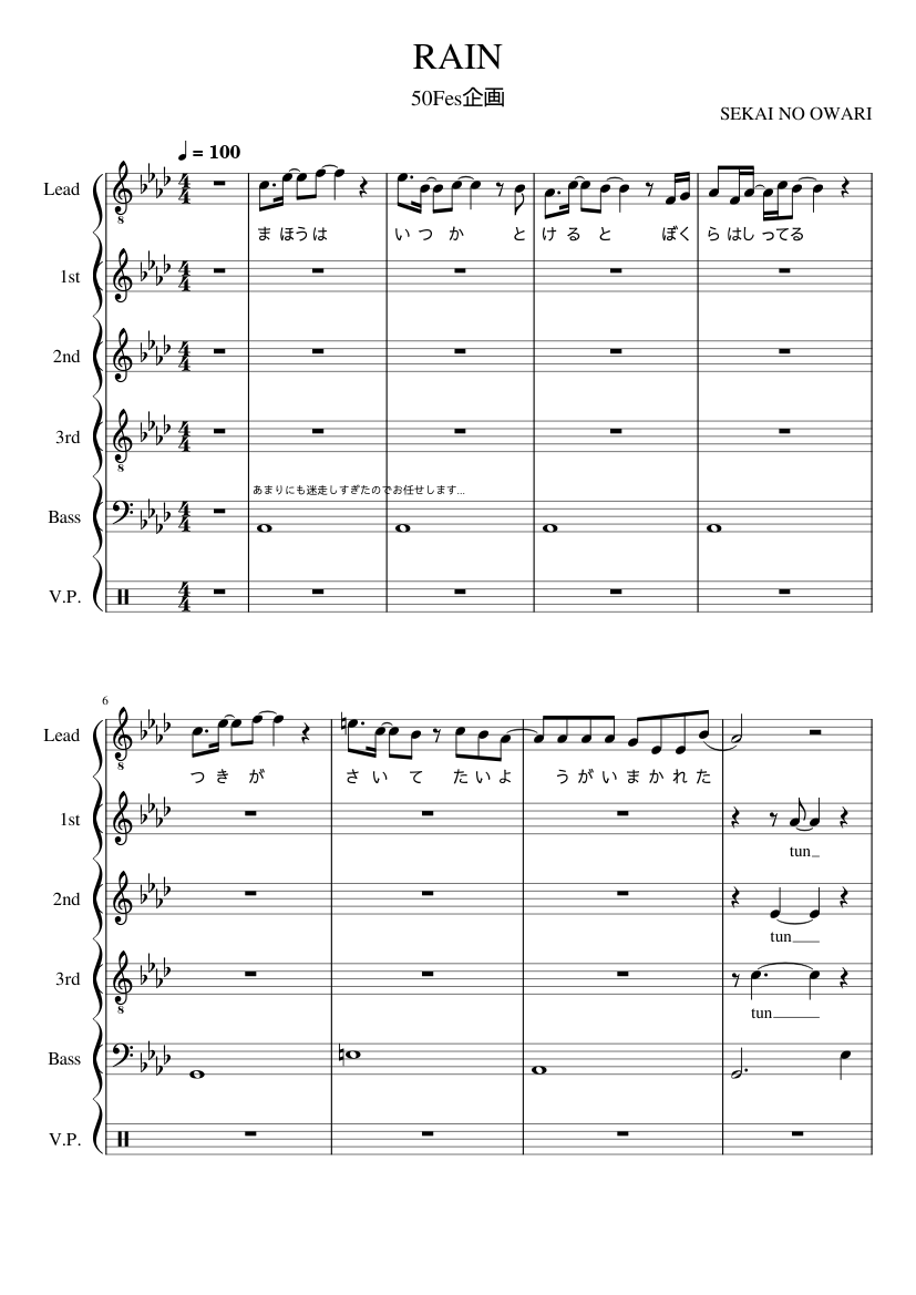RAIN/SEKAI NO OWARI Sheet Music for Piano, Drum group (A Capella) | MuseScore.com