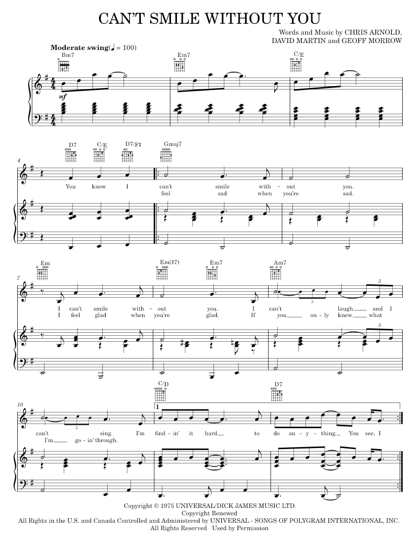 Can't Smile Without You Sheet music for Piano, Vocals: Music Notes