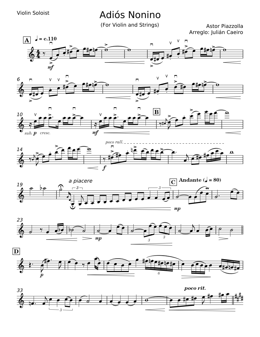 Adiós nonino - Astor Piazzolla Sheet Music for Violin (Solo ...