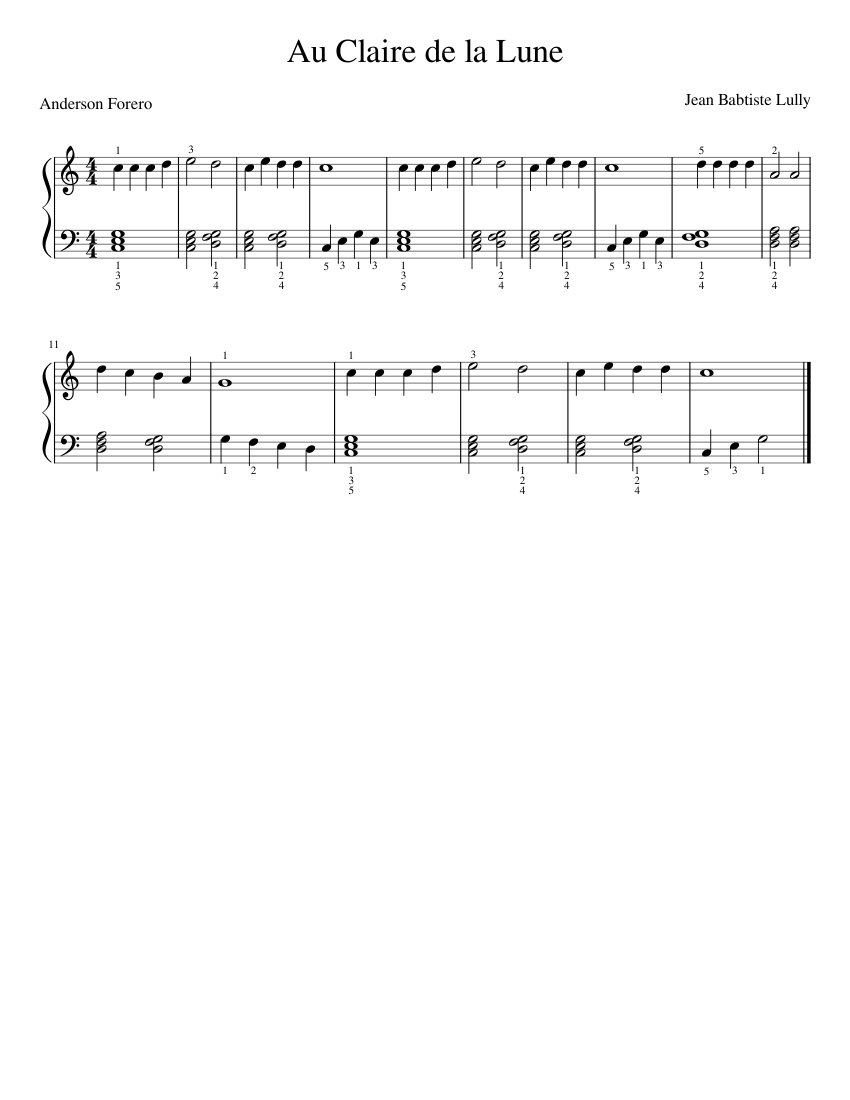 Au Claire de la Lune Sheet music for Piano (Solo) | Musescore.com
