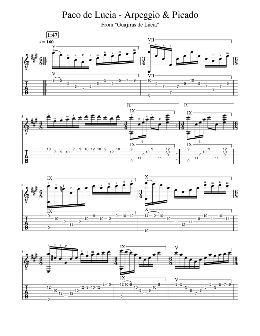 Paco de Lucia - Arpeggio & Picado Sheet music for Guitar (Solo) | Musescore.com