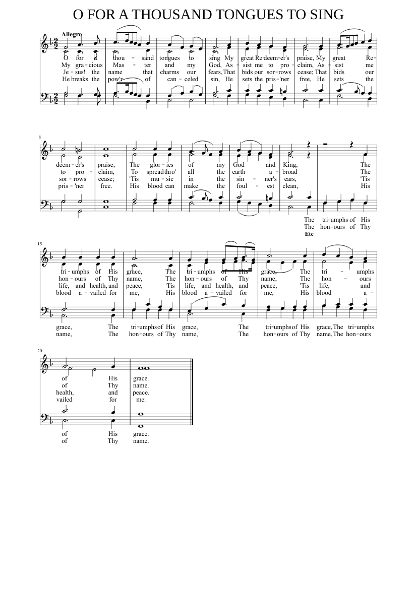 O FOR A THOUSAND TONGUES TO SING Sheet Music for Piano (Solo) easy ...