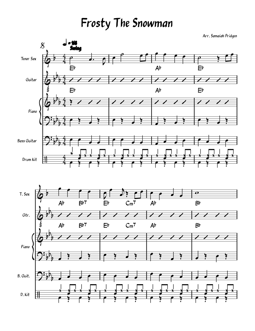 Frosty The Snowman Sheet Music for Piano, Saxophone tenor, Guitar, Bass ...