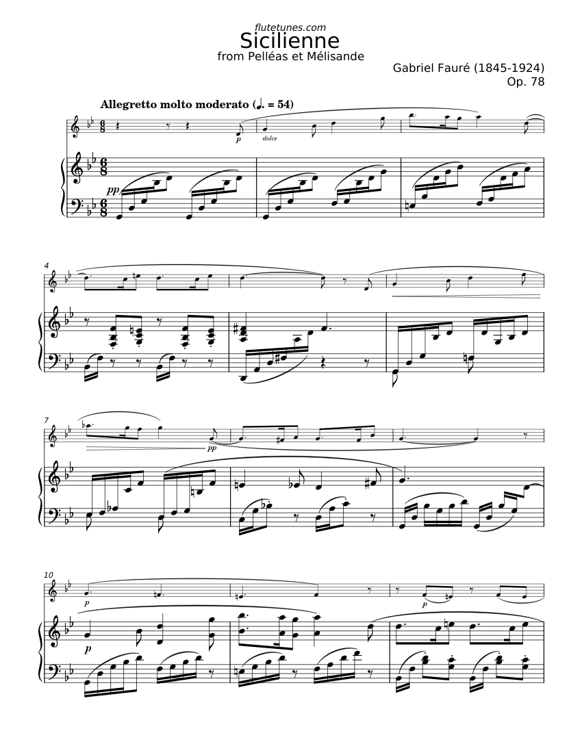 Sicilienne, Op.78 - Gabriel Fauré Sheet Music for Piano, Flute (Solo ...