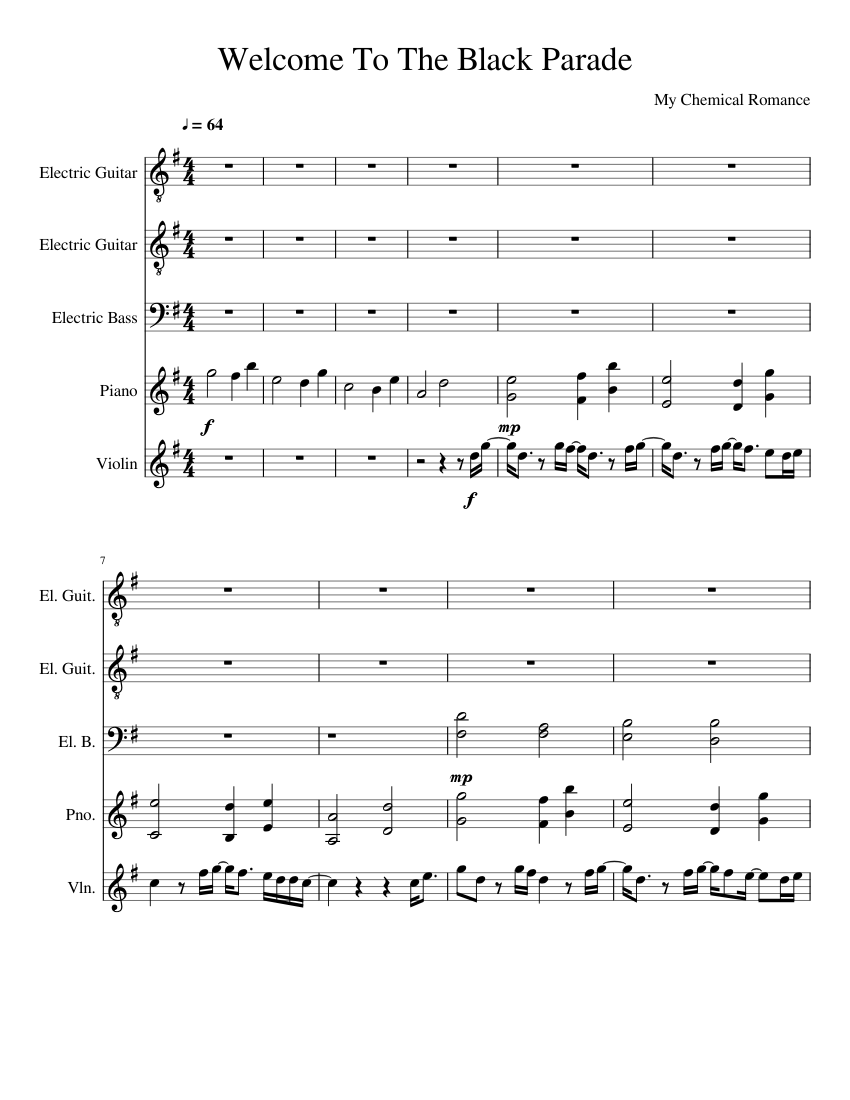 Welcome To The Black Parade Sheet music for Piano, Violin, Guitar, Bass ...