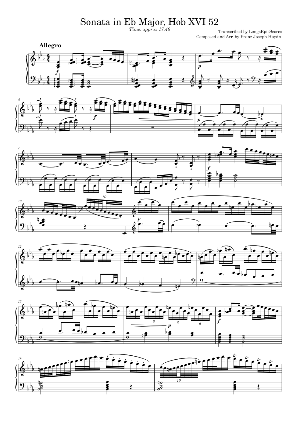Keyboard Sonata in E-flat major, Hob.XVI:52 – Joseph Haydn Sheet music ...