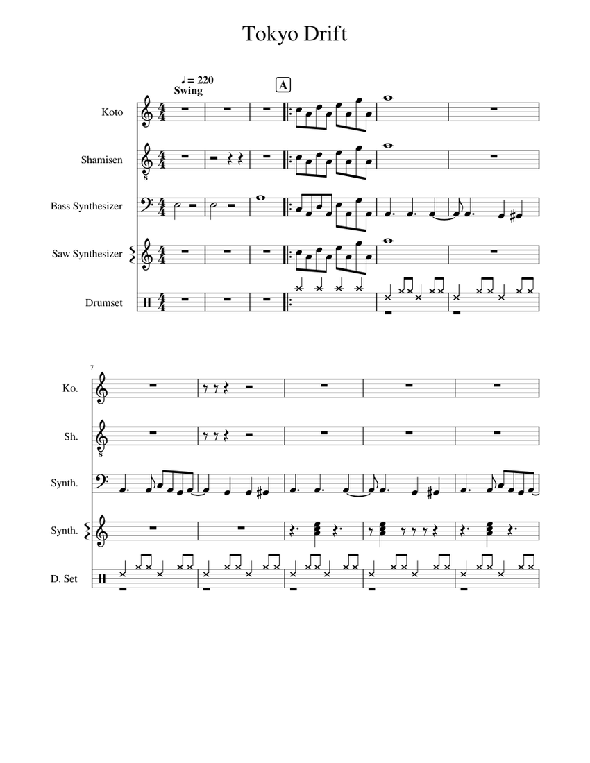 Tokyo Drift Sheet music for Bass guitar, Drum group, Synthesizer ...