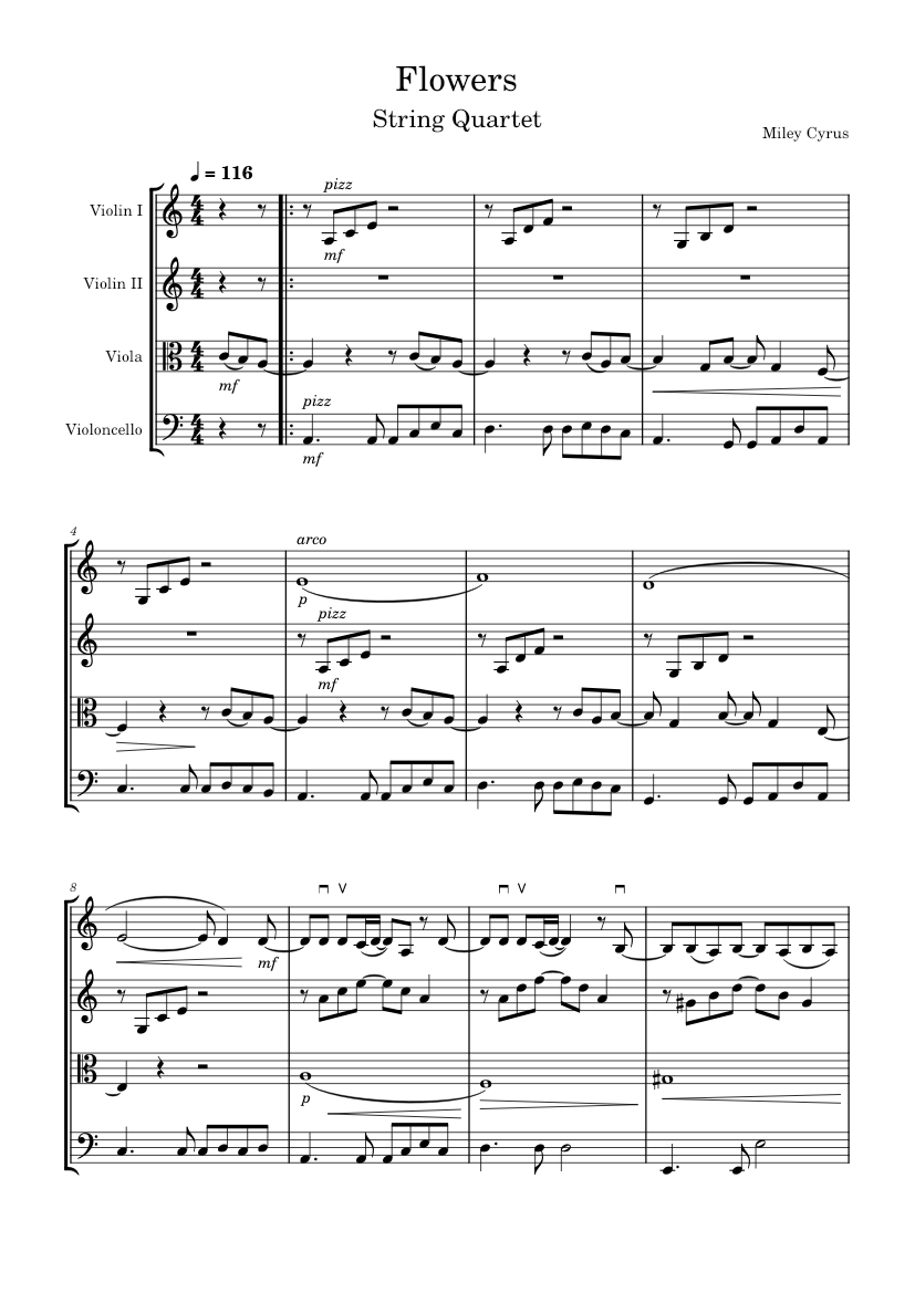 Flowers Sheet Music for Violin, Viola, Cello (String Quartet ...