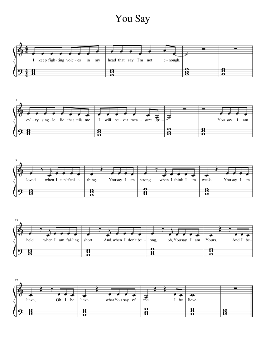 You Say – Lauren Daigle YOU SAY - Katerina Sheet music for Piano (Solo ...