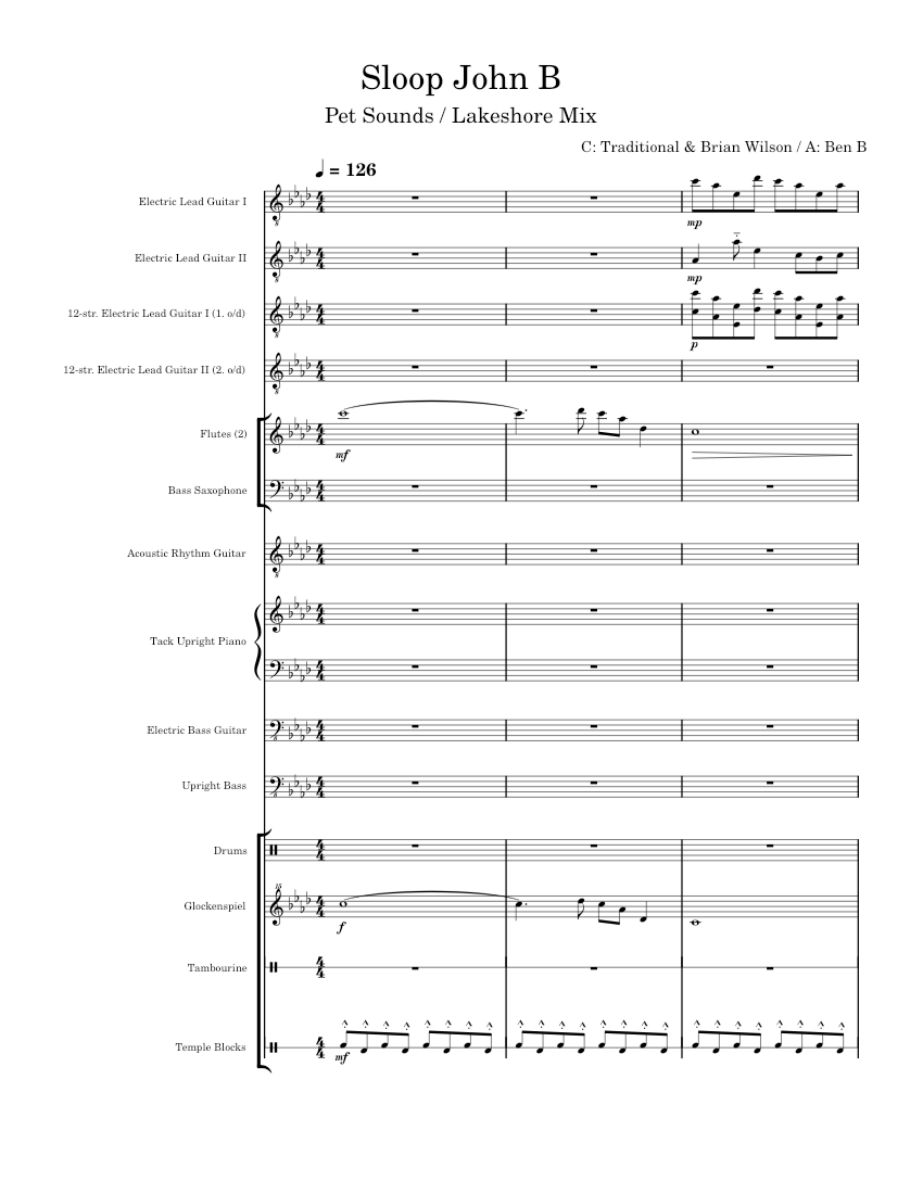 Sloop John B – The Beach Boys (Recreation - Pet Sounds) Sheet Music for Piano, Flute, Saxophone ...