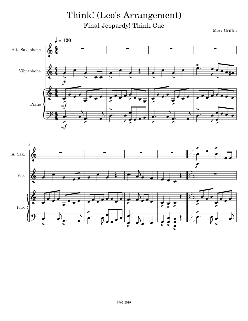 Think! (Final Jeopardy! Think Music) Sheet music for Piano, Saxophone ...