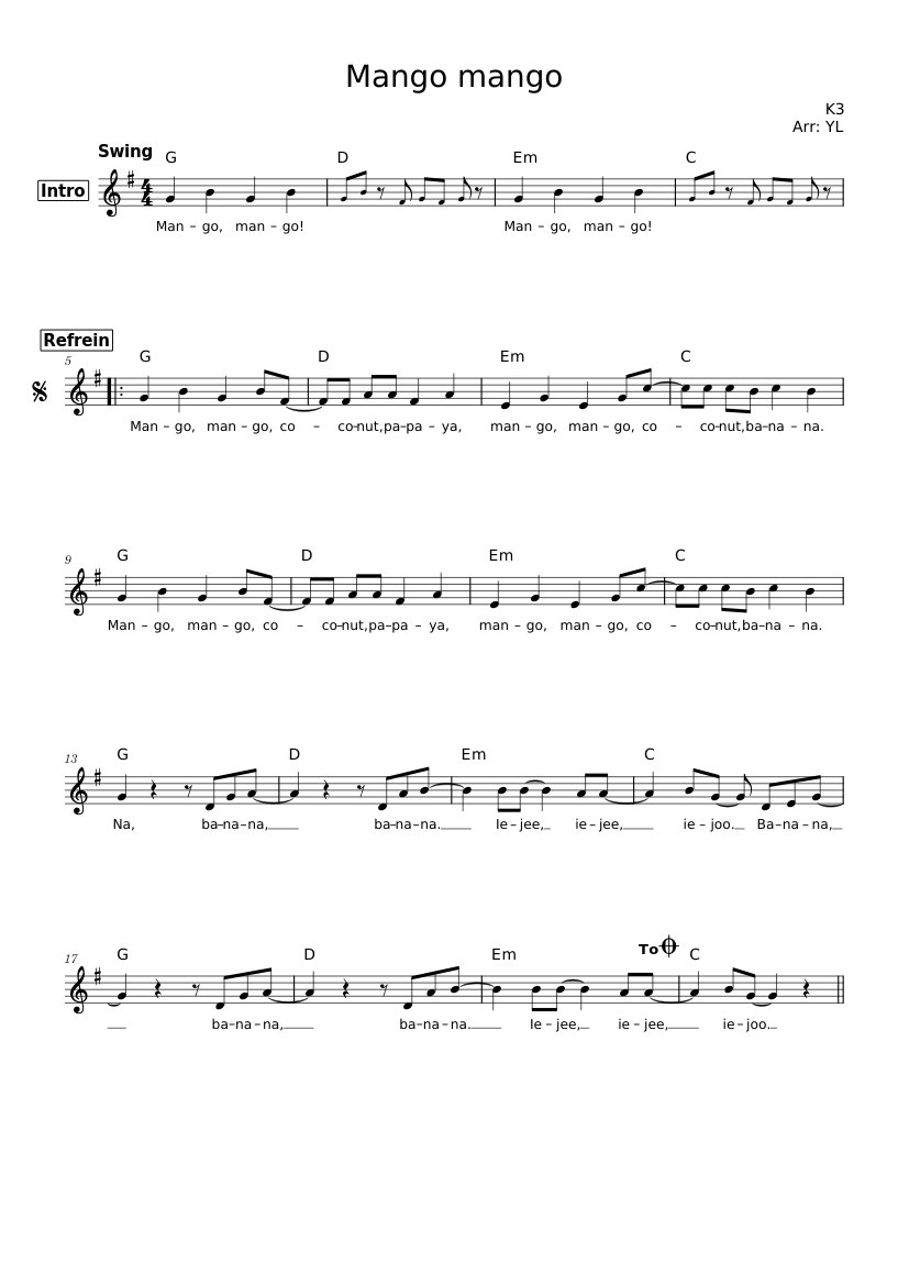 Mango mango – K3 (lead sheet) Sheet music for Piano (Solo) Easy ...