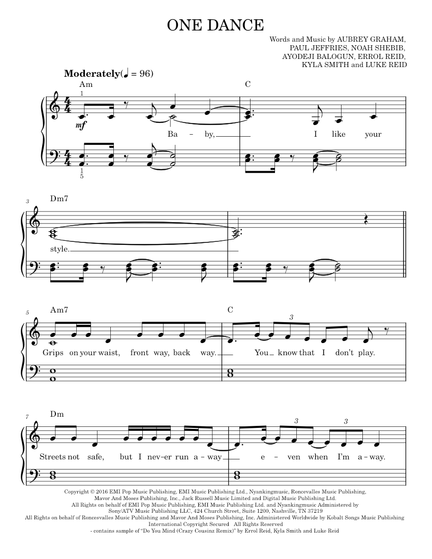 Play Official version of One dance sheet music by Drake for Piano ...