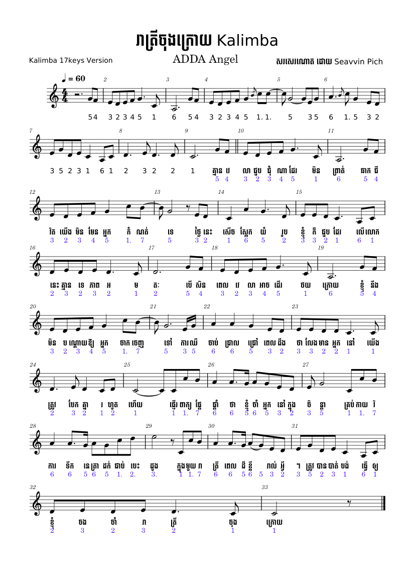 រាត្រីចុងក្រោយ Kalimba Sheet music for Piano (Piano Duo) Easy ...