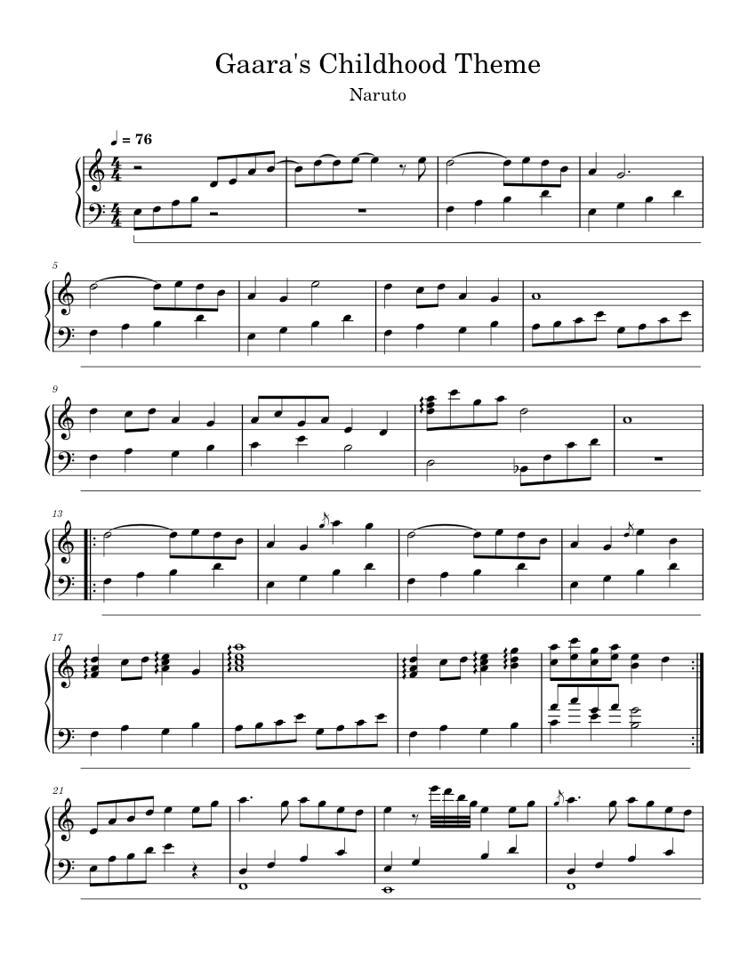 Gaara's Childhood Theme – Toshio Masuda Sheet Music for Piano (Solo ...