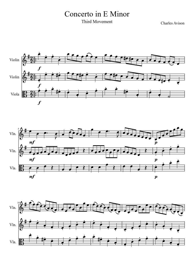 Charles Avison Concerto in E Minor Sheet Music for Violin, Viola (Mixed ...