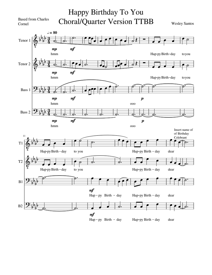 Happy Birthday to You Choral/Quartet for TTBB Sheet music for Tenor ...