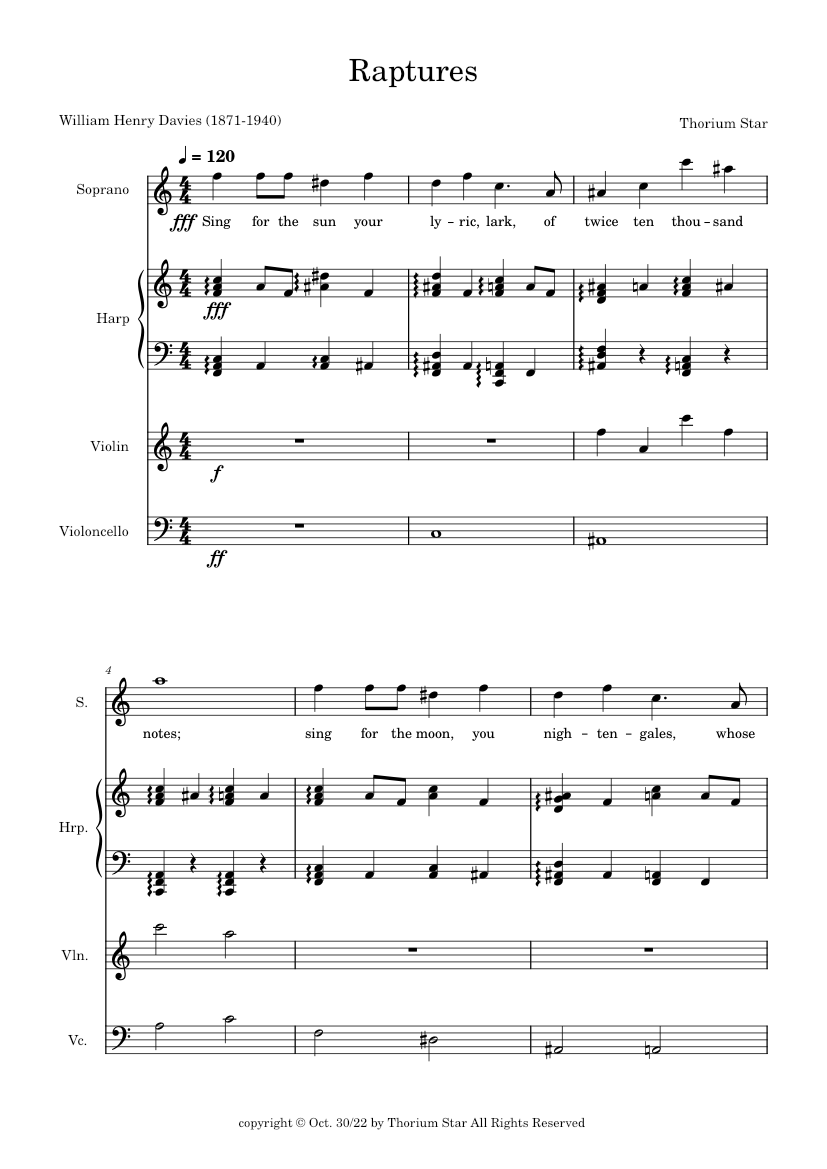 Raptures Sheet music for Soprano, Violin, Cello, Harp (Mixed Quartet ...