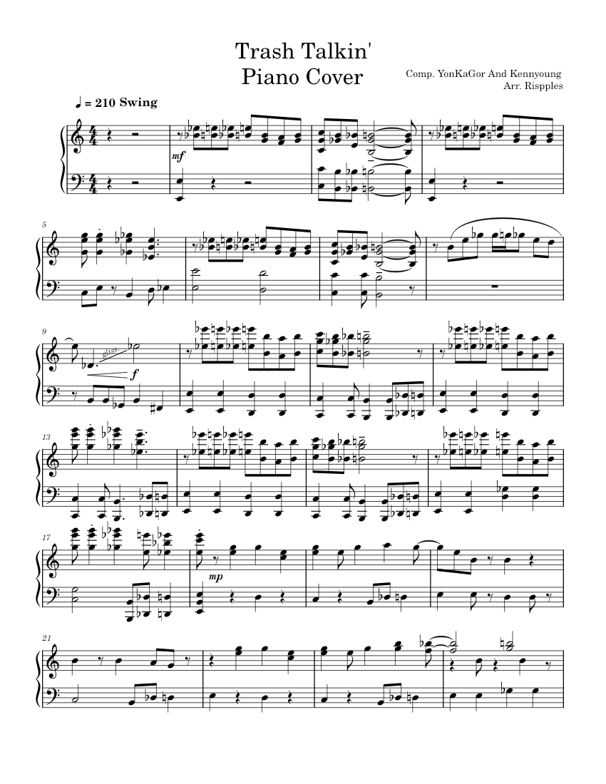 Trash Talkin' Piano Cover – kennyoung & YonKaGor Sheet Music for Piano ...