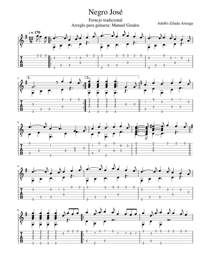 Negro José festejo afroperuano guitarra solista Sheet music for Guitar ...