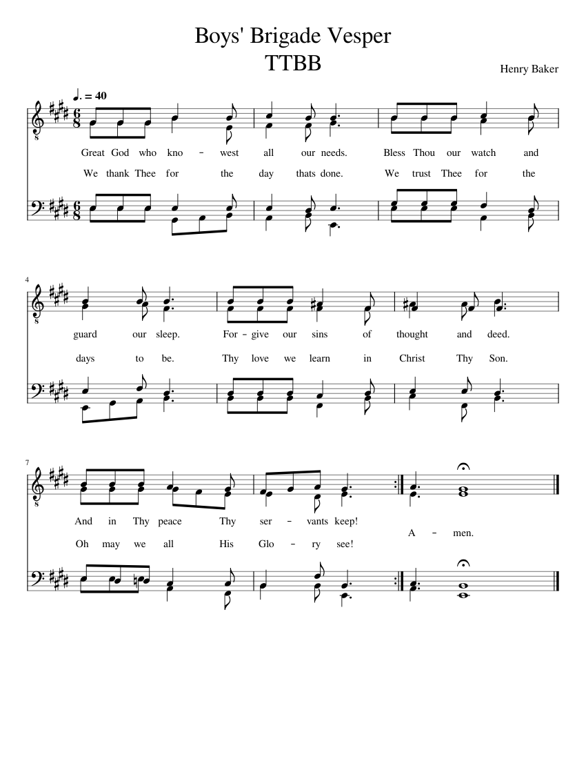 BB Vesper – Henry Baker Sheet music for Tenor, Baritone (Men’s Choir ...