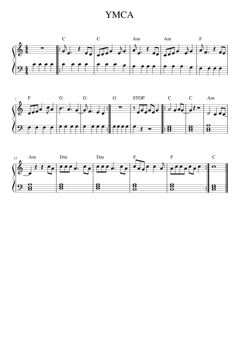 YMCA Sheet Music with Chords for Piano (Solo) easy | MuseScore.com