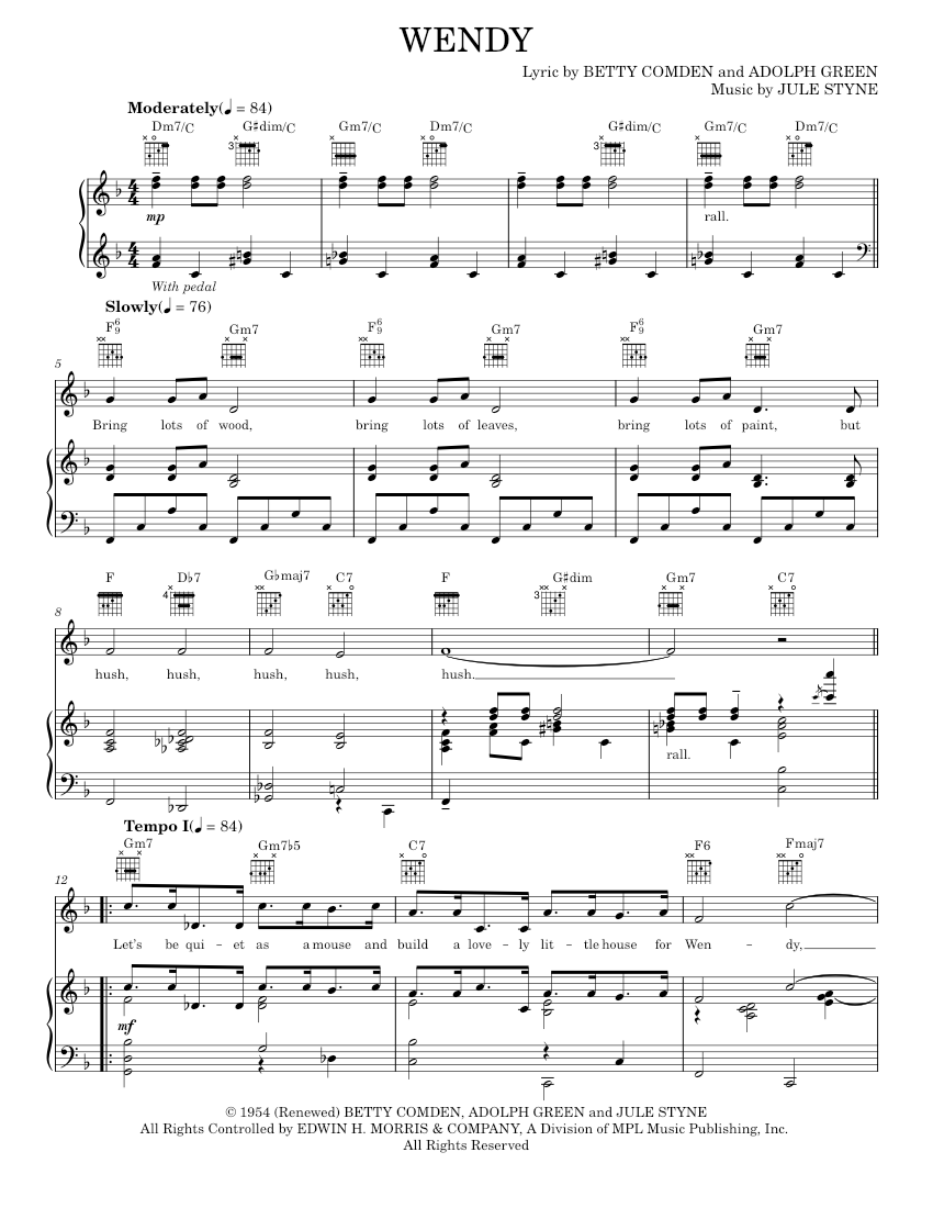 Play Official version of Wendy sheet music by Betty Comden, Peter Pan ...