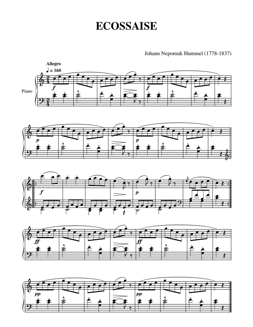 ECOSSAISE (Hummel) Sheet music for Piano (Solo) Easy | Musescore.com