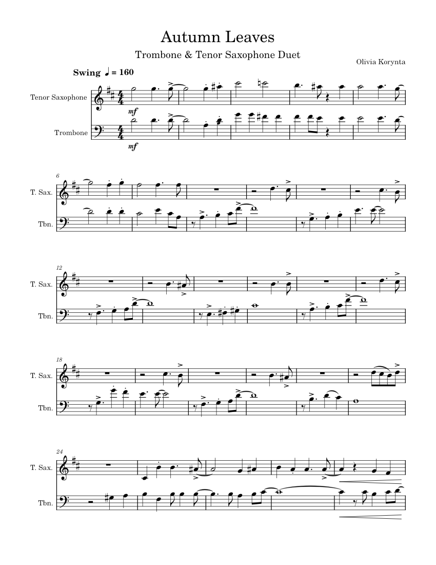 Autumn Leaves – Chet Baker (for Tenor Saxophone & Trombone) Sheet Music ...