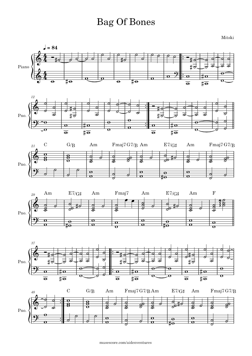 Bag of Bones – Mitski Sheet music for Piano (Solo) Easy | Musescore.com