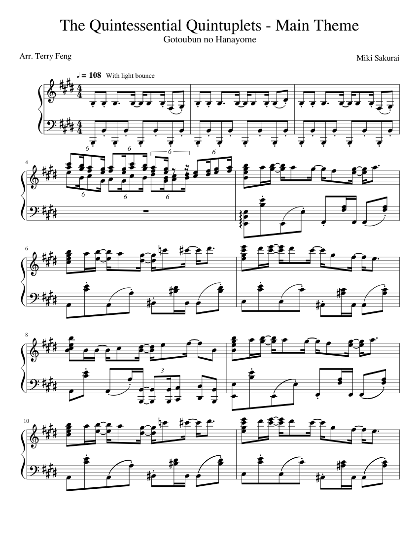 The Quintessential Quintuplets - Main Theme Sheet music for Piano (Solo ...