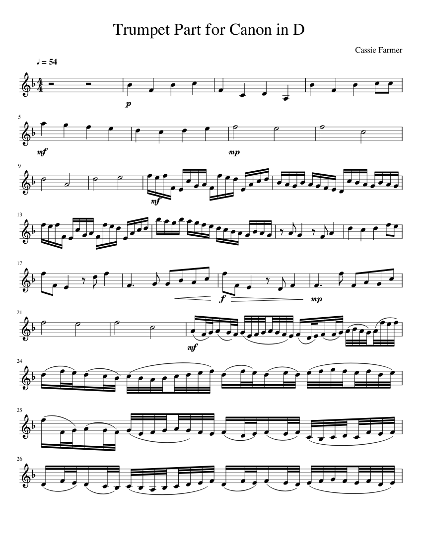 Trumpet Part for "Canon in D for Flute and Clarinet" Flute, Clarinet ...