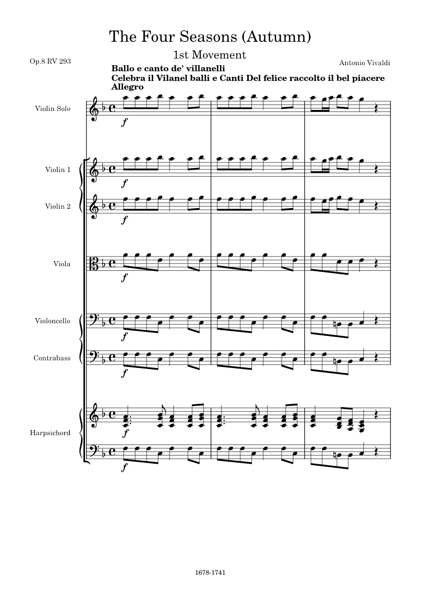 The Four Seasons, Op. 8 No.3 RV 293 (Autumn), 1st Movement – Antonio Vivaldi Sheet music for ...
