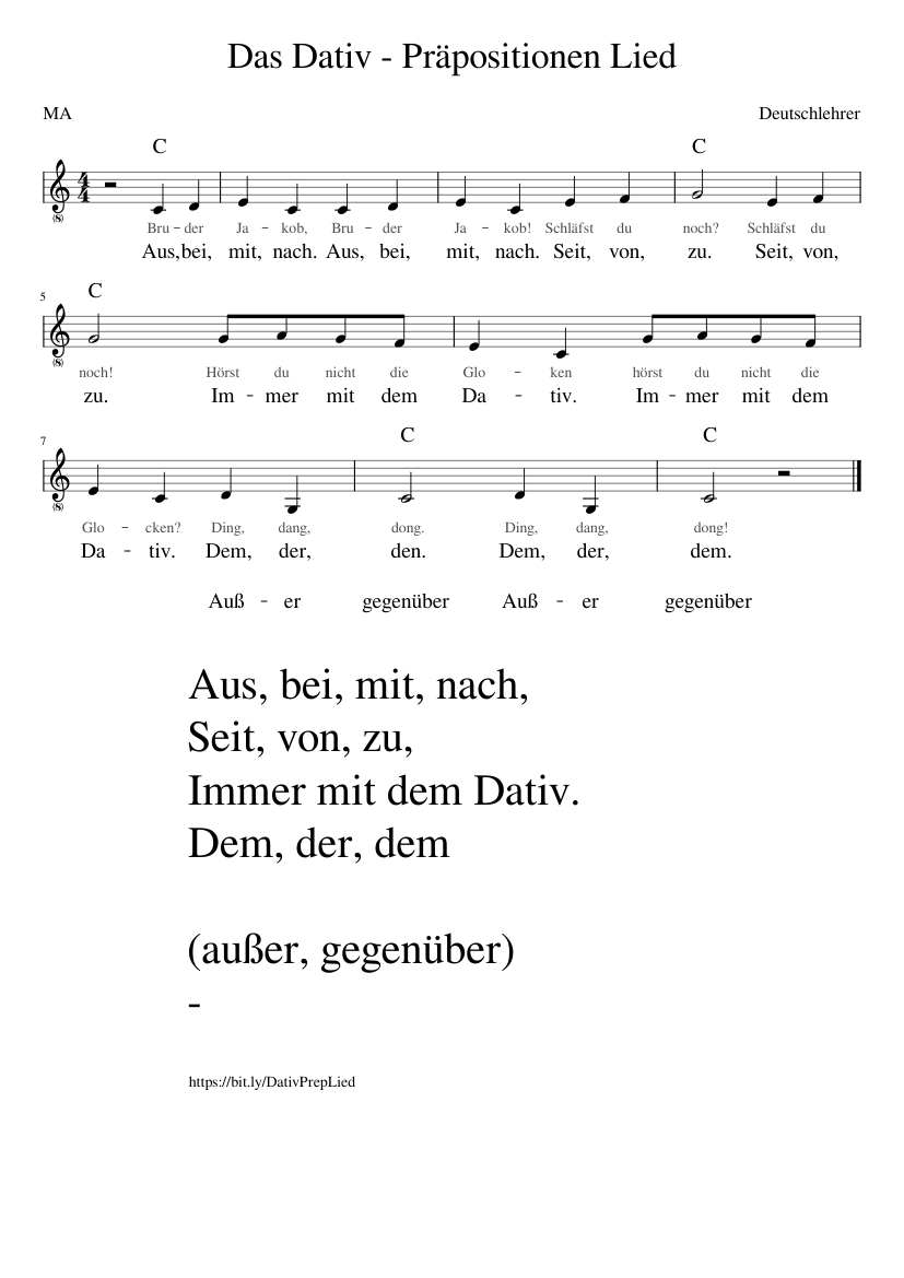 Das Dativ - Praepositionen Lied-OrigC Sheet Music with Chords for ...