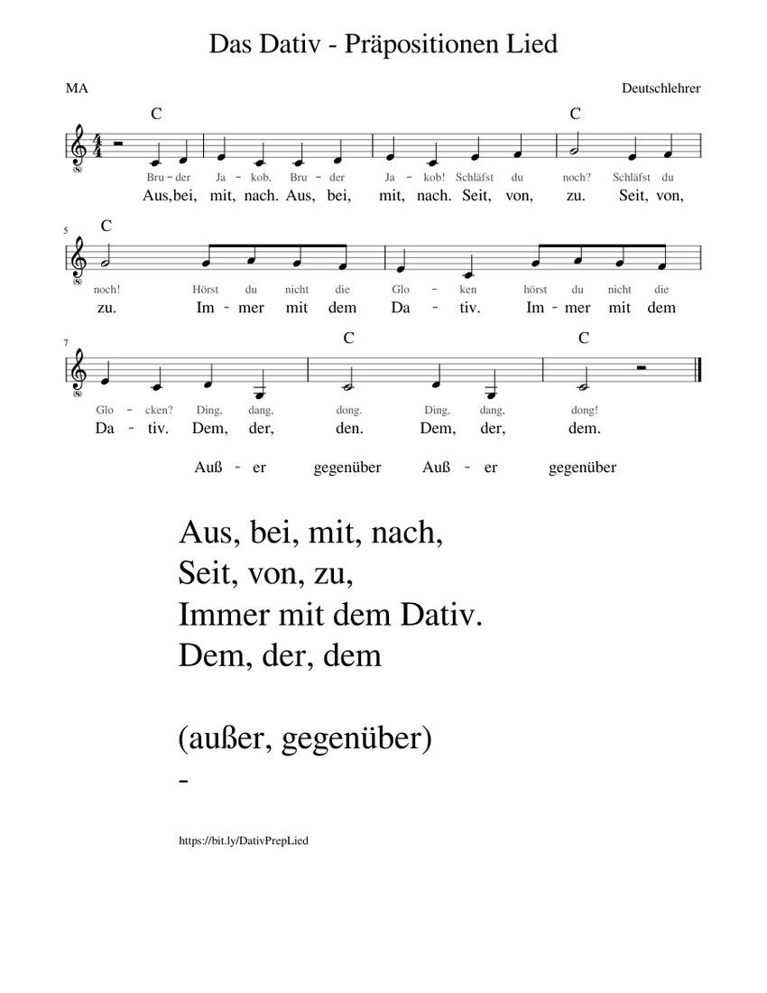 Das Dativ - Praepositionen Lied-OrigC Sheet music for Vocals (Piano ...
