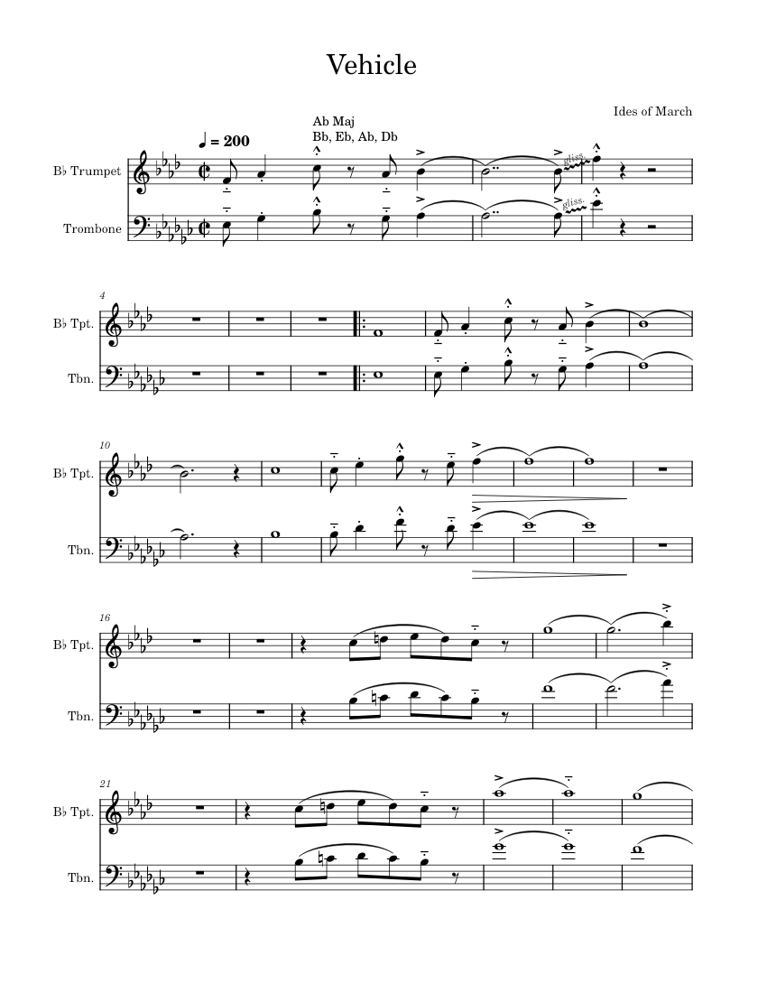 Vehicle – The Ides of March Vehicle Sheet Music for Trombone, Trumpet ...